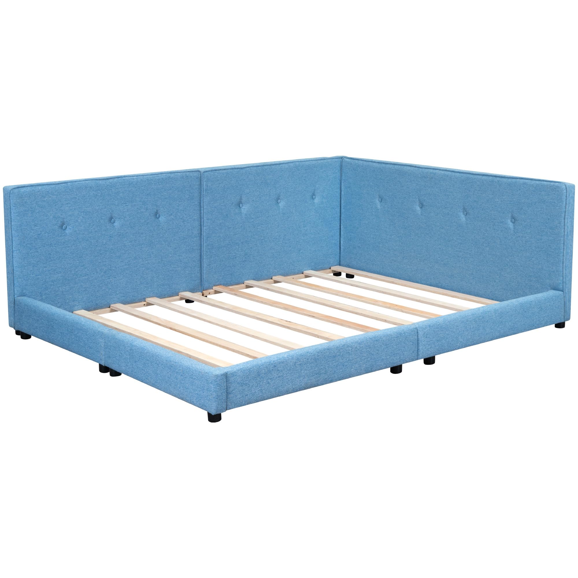 Modern Design Full Size Upholstered Daybed with USB Ports,Wood Fabric Corner Platform Bed Frame with Slat Support,Easy Assembly,No Box Spring Needed