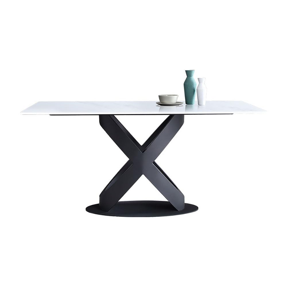 Jinsi Nan] Modern Sintered Stone Dining Table with X-Shaped Carbon Steel Base, Rectangular Dining Table for Kitchen Dining Room, Living Room, Restaurant, Black White (55 inches)