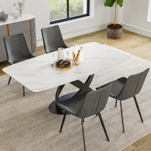 Jinsi Nan] Modern Sintered Stone Dining Table with X-Shaped Carbon Steel Base, Rectangular Dining Table for Kitchen Dining Room, Living Room, Restaurant, Black White (55 inches)