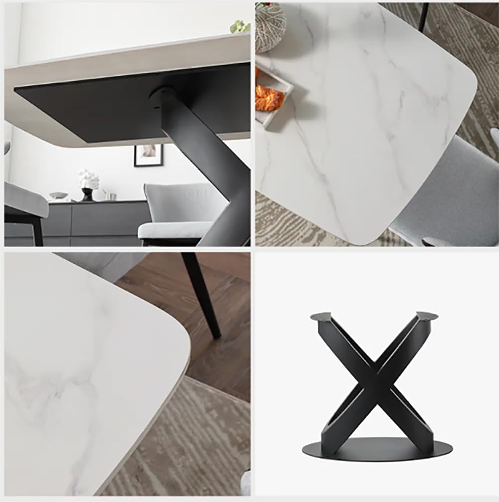 Jinsi Nan] Modern Sintered Stone Dining Table with X-Shaped Carbon Steel Base, Rectangular Dining Table for Kitchen Dining Room, Living Room, Restaurant, Black White (55 inches)