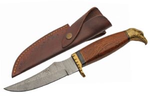 brass eagle head damascus steel blade wood handle 11 inch hunting knife