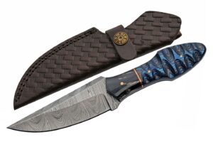 ocean ripple damascus steel blade | grooved wood 8 inch hunting knife