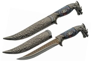 11" roaring dragon stainless steel blade metal decorative handle edc fantasy hunting knife