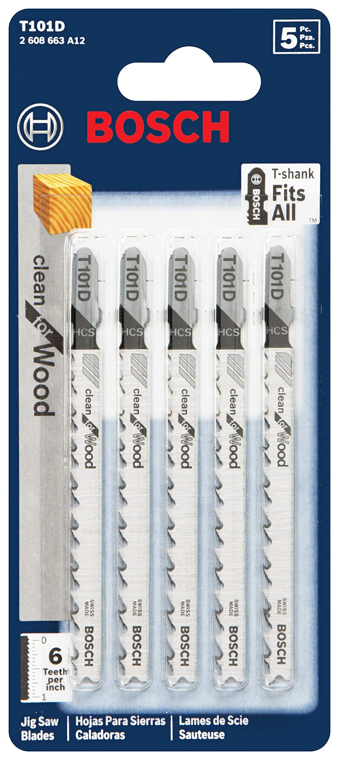 Bosch T101D 5-Piece 4 In. 6 TPI Clean for Wood T-Shank Jig Saw Blades