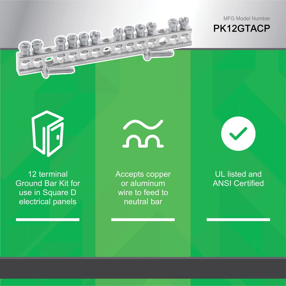 Square D by Schneider Electric PK12GTACP Square D Ground Bar Kits, Aluminum, 12 Terminals, Pack of 1, Metallic