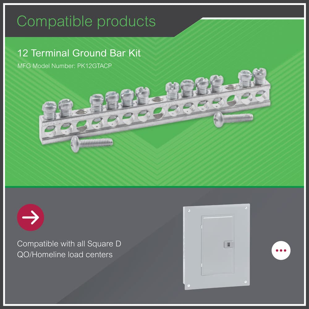 Square D by Schneider Electric PK12GTACP Square D Ground Bar Kits, Aluminum, 12 Terminals, Pack of 1, Metallic