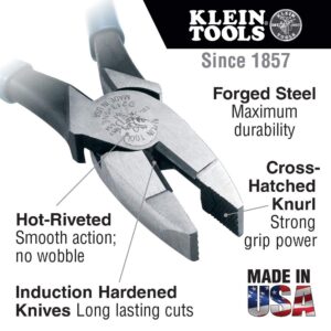 Klein Tools D213-9NE Pliers, Made in USA, 9-Inch Side Cutters, High Leverage Linesman Pliers Cut Copper, Aluminum and other Soft Metals