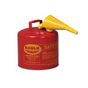 eagle 5 gallon type i red safety gas can for gasoline with flame arrester, self-closing lid, and f-15 funnel, made in the usa, galvanized steel flammable storage can, ui50fs