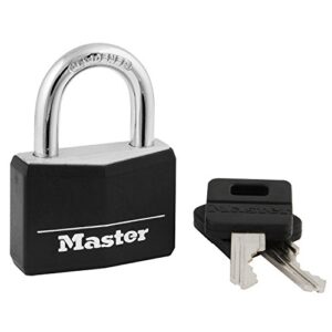 master lock black covered aluminum padlock, gym locker lock with key for indoor or outdoor use with vinyl weather resistant cover, 141d