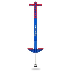 flybar maverick pogo stick for kids ages 5+, 40 to 80 pounds, perfect for beginners, easy grip handles, anti-slip pegs, outdoor toys for boys, jumper toys for girls, outside toys for kids (red/blue)