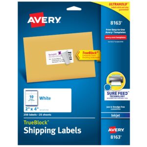 avery printable shipping labels with sure feed, 2" x 4", white, 250 blank mailing labels (8163)