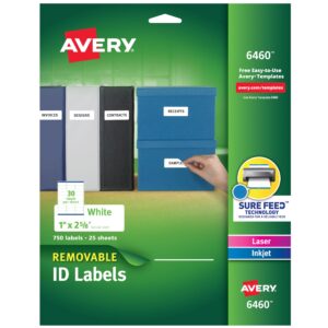 avery removable id labels, sure feed technology, removable adhesive, 1" x 2-5/8", 750 labels (6460)