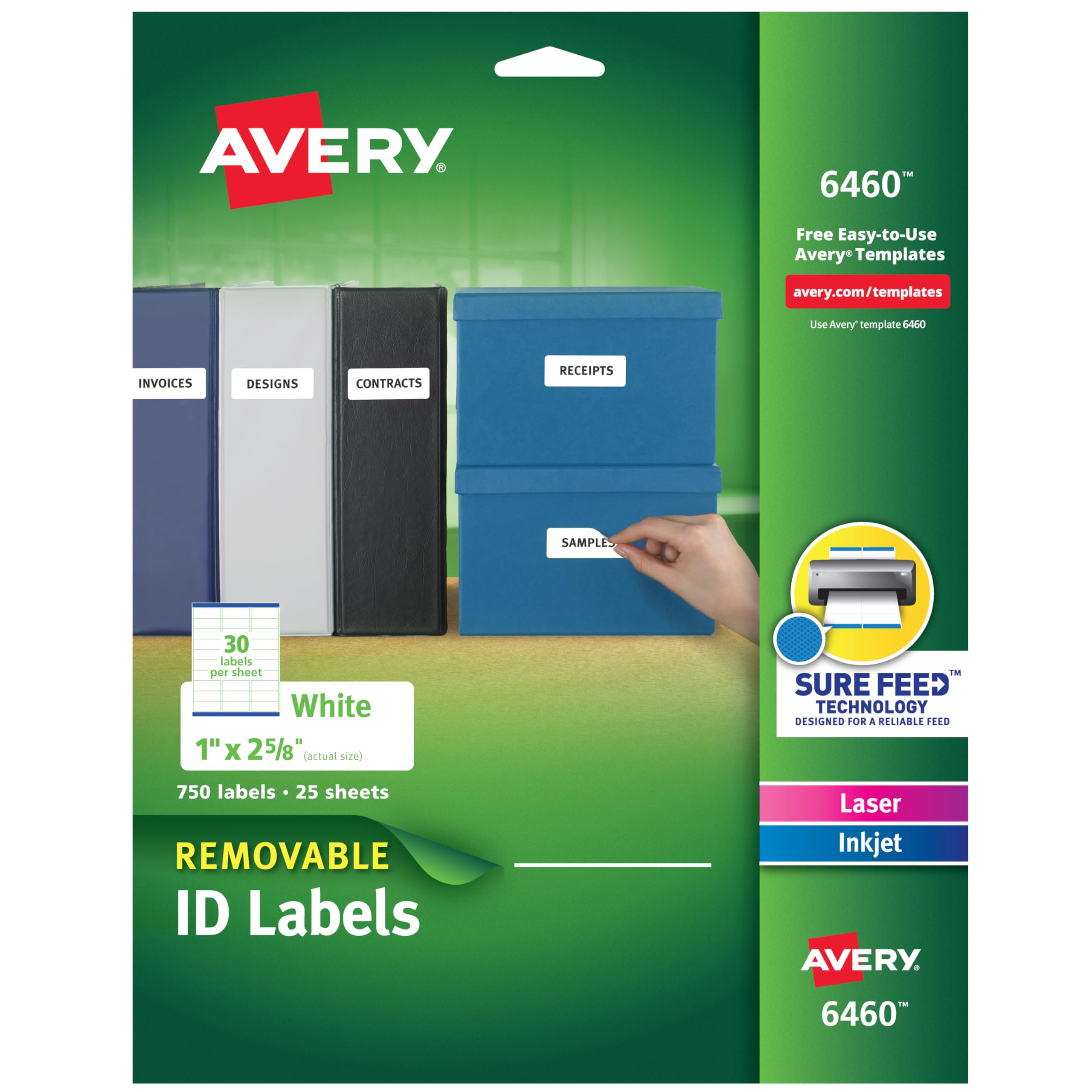 Avery Removable ID Labels, Sure Feed Technology, Removable Adhesive, 1" x 2-5/8", 750 Labels (6460)