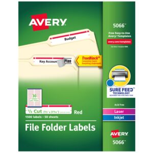 avery trueblock file folder labels, 2/3" x 3-7/16", 1,500 printable labels, white/red, permanent (5066)