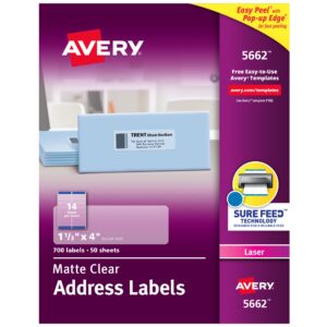 avery printable address labels with sure feed, 1-1/3" x 4", matte clear, 700 blank mailing labels (05662)