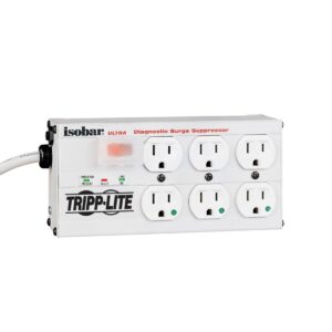 tripp lite hospital-grade isobar 6-outlet surge protector power strip, 15ft cord, 3300 joules protection, right angle plug, ul 1363, not for patient care vicinities, (isobar6ultrahg)