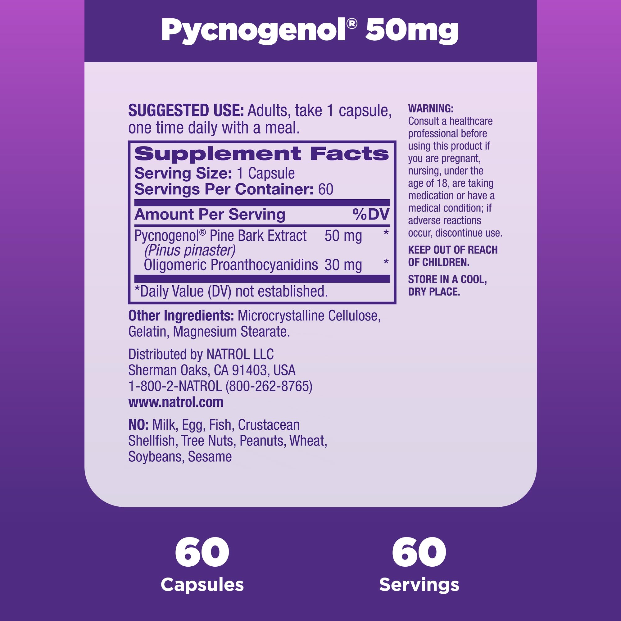 Natrol Pycnogenol Capsules, Antioxidant Protection, Supplement Protects Against Cellular Oxidation and Age-Related Damage, European Maritime Pine Bark Extract, Supports Circulation, 50 mg, 60 Count