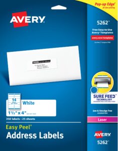 avery easy peel printable address labels with sure feed, 1-1/3" x 4", white, 350 blank mailing labels (05262)