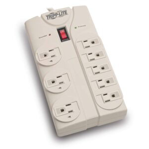 tripp lite 8 outlet surge protector power strip, 8ft cord right angle plug, lifetime insurance & $75k insurance (tlp808) light gray