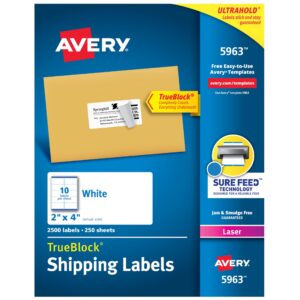 avery printable shipping labels with sure feed, 2" x 4", white, 2,500 blank mailing labels (5963)