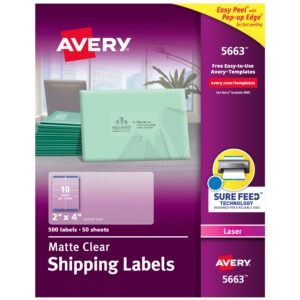 avery printable shipping labels with sure feed, 2" x 4", matte clear, 500 blank mailing labels (5663)