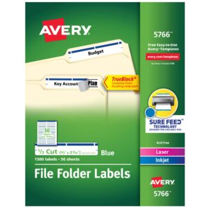 avery trueblock file folder labels, 2/3" x 3-7/16", 1,500 printable labels, white/blue, permanent (5766)