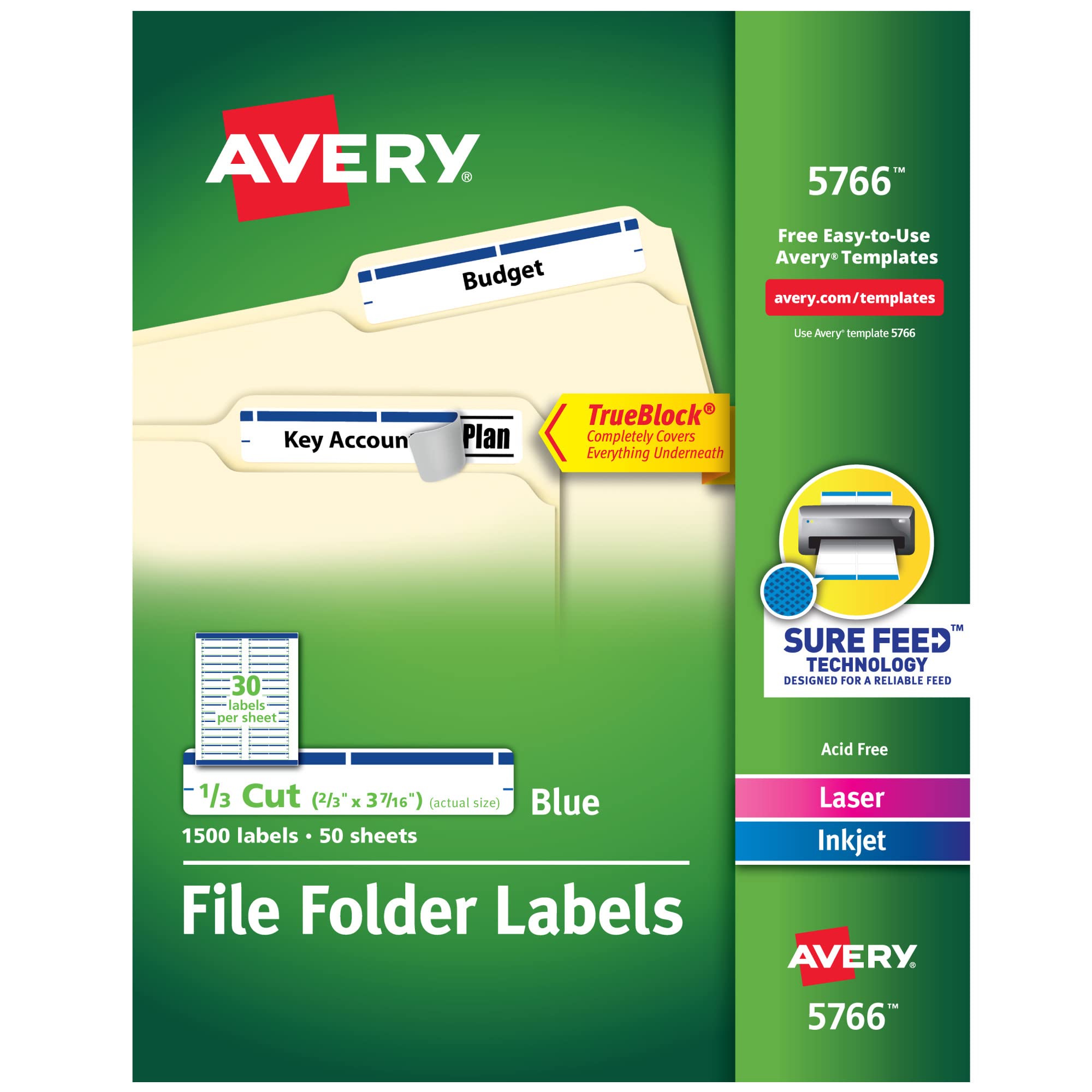 Avery TrueBlock File Folder Labels, 2/3" x 3-7/16", 1,500 Printable Labels, White/Blue, Permanent (5766)