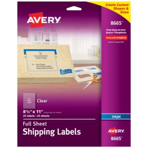 avery full sheet printable shipping labels, 8.5" x 11", matte clear, 25 blank mailing labels (8665)