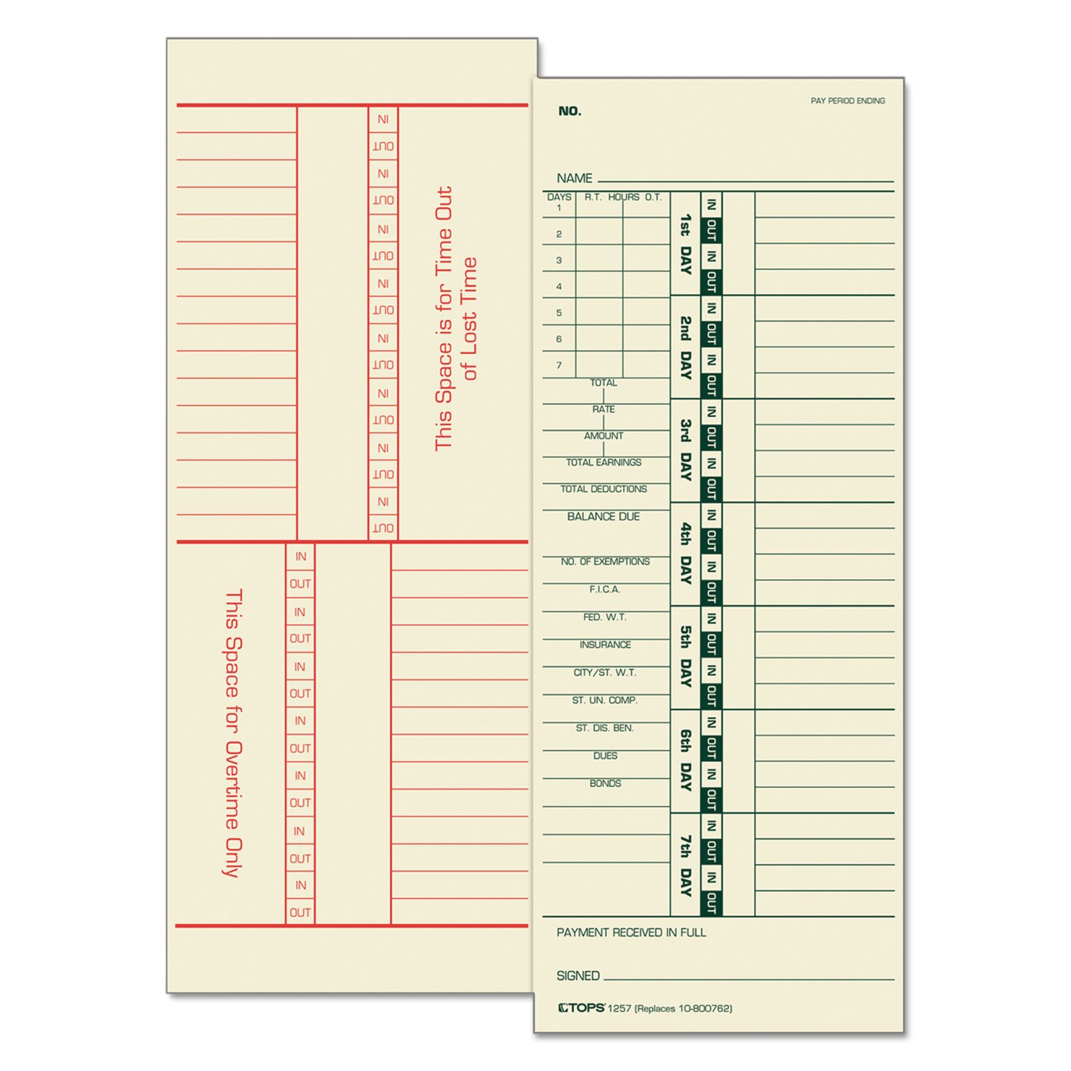 TOPS 1257 Time Card for Acroprint/Simplex, Weekly, Two-Sided, 3 1/2 x 9 (Box of 500)