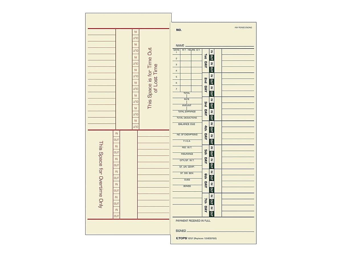 TOPS 1257 Time Card for Acroprint/Simplex, Weekly, Two-Sided, 3 1/2 x 9 (Box of 500)