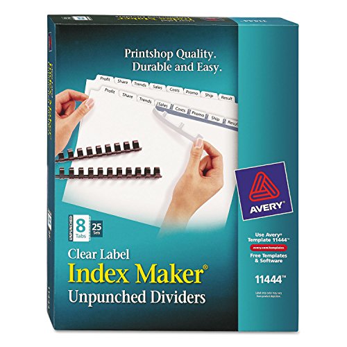 Avery 8 Tab Unpunched Dividers for Use with Any Binding System, Easy Print & Apply Clear Label Strip, Index Maker Customizable White Tabs, 25 Sets (11444)