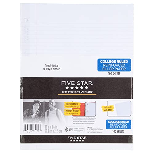 Five Star 17010 Reinforced Filler Paper, 20lb, College Rule, 11 x 8 1/2, White, 100 Sheets