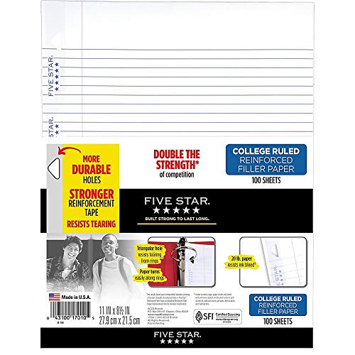 Five Star 17010 Reinforced Filler Paper, 20lb, College Rule, 11 x 8 1/2, White, 100 Sheets