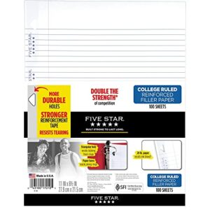 Five Star 17010 Reinforced Filler Paper, 20lb, College Rule, 11 x 8 1/2, White, 100 Sheets