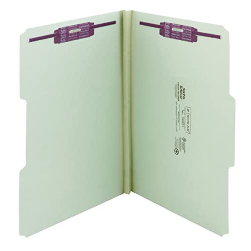 Smead Pressboard Fastener File Folder with SafeSHIELD Fasteners, 2 Fasteners, 1/3-Cut Tab, 1" Expansion, Legal Size, Gray/Green, 25 per Box (19931)