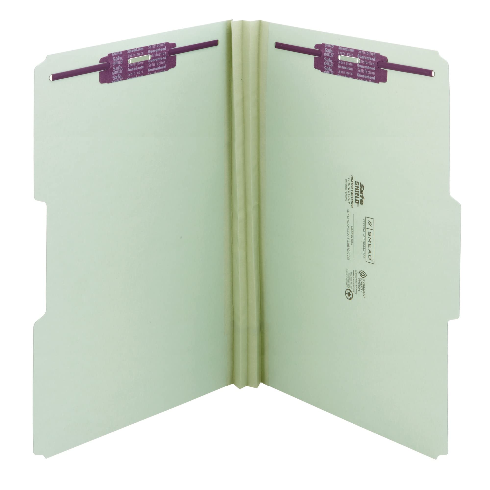 Smead Pressboard File Folder with SafeSHIELD® Fasteners, 2 Fasteners, 1/3-Cut Tab, 2" Expansion, Legal Size, Gray/Green, 25 per Box (19934)