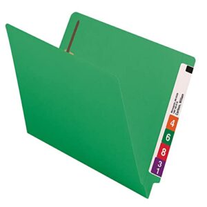 smead end tab fastener file folder, shelf-master® reinforced straight-cut tab, 2 fasteners, letter size, green, 50 per box (25140)