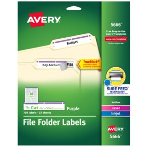 avery trueblock file folder labels, 2/3" x 3-7/16", 750 printable labels, white/purple, permanent (5666)