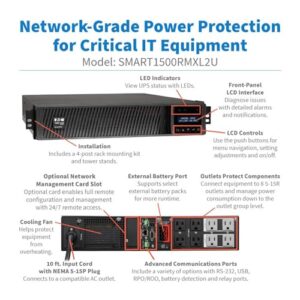 Tripp Lite Series 1500VA Smart UPS Back Up, Sine Wave, 1440W, 8 Outlets, 2U Rackmount, Extended Run & Network Card Option, LCD, USB, 3-Year Warranty & $250,000 Insurance (SMART1500RMXL2U)