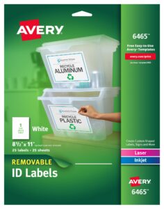 avery self-adhesive removable laser id labels, white, 8.5 x 11 inches, 25 per pack (6465)