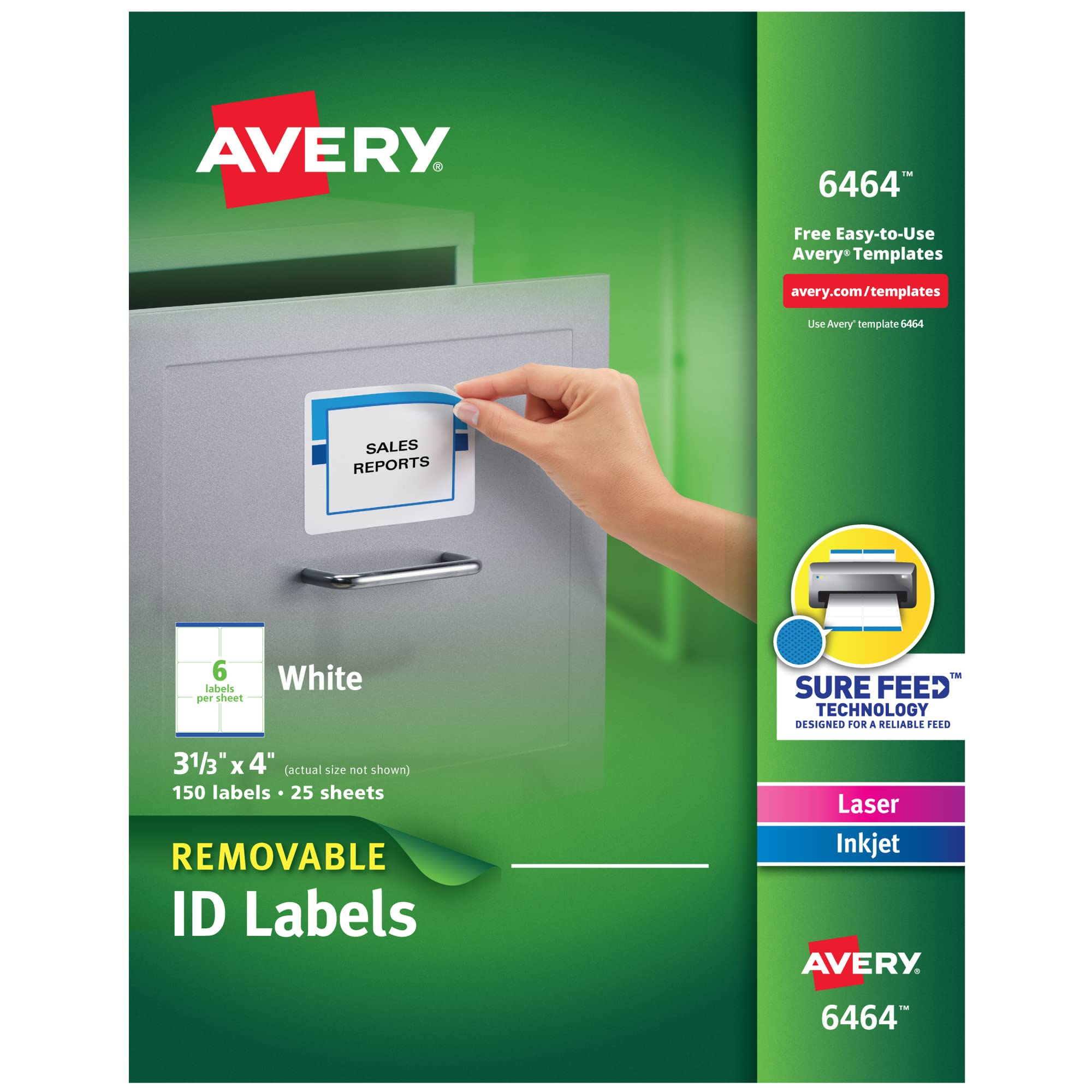 Avery Removable ID Labels, Sure Feed Technology, Removable Adhesive, 3-1/3" x 4", 150 Labels (6464)