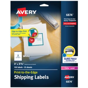 avery printable shipping labels with sure feed, 3" x 3.75", white, 150 blank mailing labels (6874)