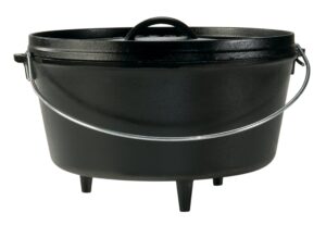 lodge 8 quart pre-seasoned cast iron camp dutch oven with lid - dual handles - use in the oven, on the stove, on the grill or over the campfire - black