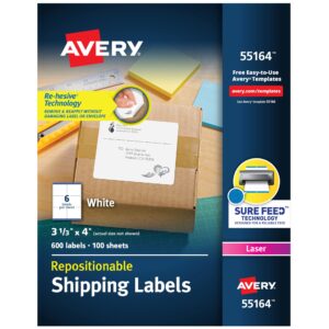 avery repositionable printable shipping labels with sure feed, 3-1/3" x 4", white, 600 blank mailing labels (58164)