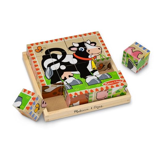 Melissa & Doug Farm Wooden Cube Puzzle With Storage Tray - 6 Puzzles in 1 (16 pcs) - FSC Certified