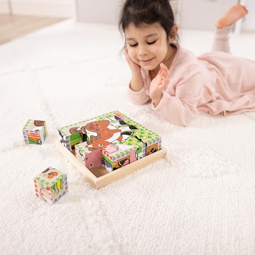 Melissa & Doug Farm Wooden Cube Puzzle With Storage Tray - 6 Puzzles in 1 (16 pcs) - FSC Certified