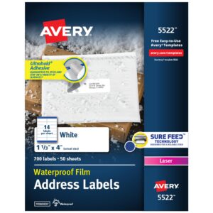 avery waterproof printable address labels with sure feed, 1-1/3" x 4", white, 700 blank mailing labels (5522)