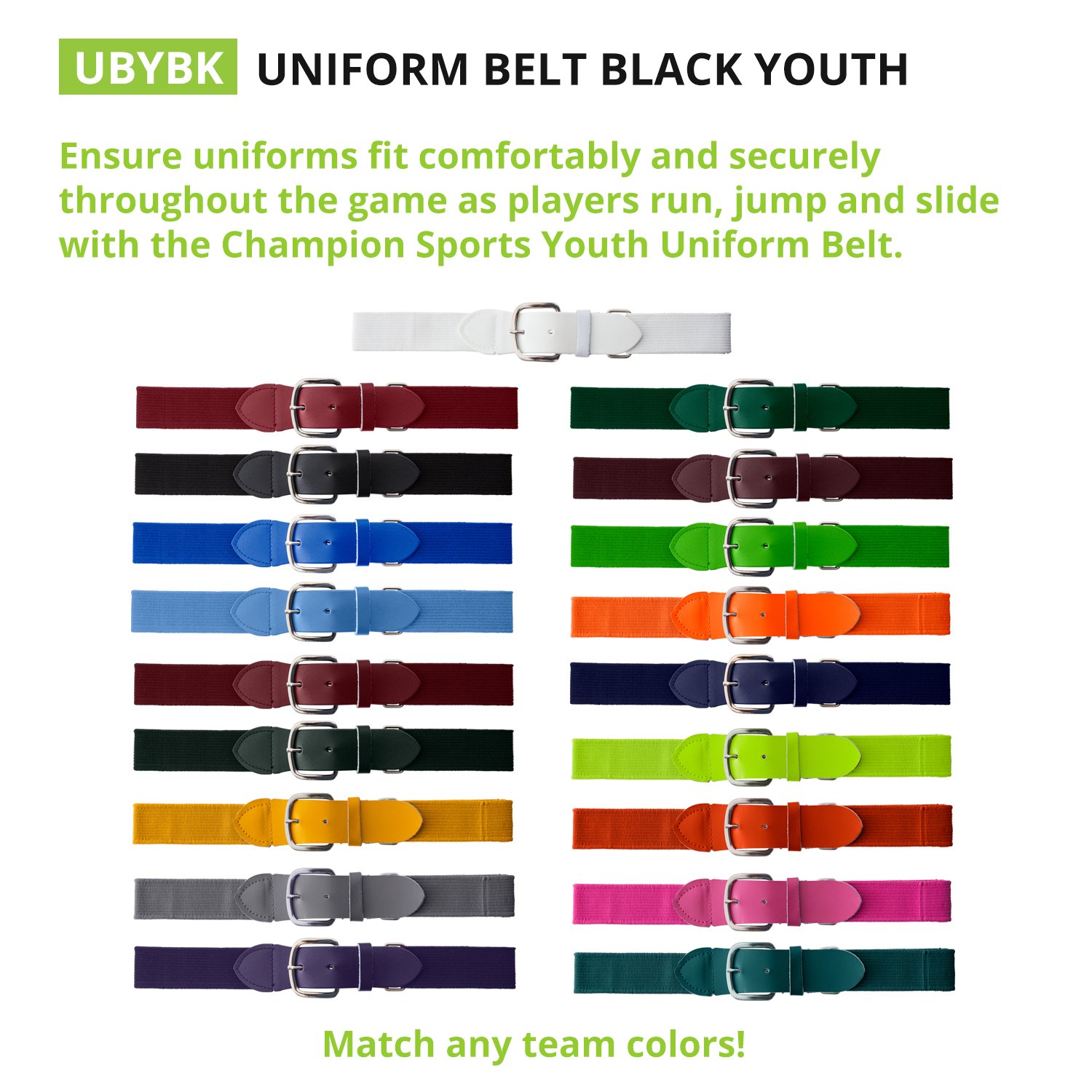 Champion Sports Baseball/Softball Uniform Belt - Comfort Stretch Fit Uniform Belt - Durable Syntex Tab - Youth: 18"-32" - Black