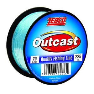 zebco outcast monofilament fishing line, 225-yards, 20-pound, low memory and stretch, high tensile strength, blue