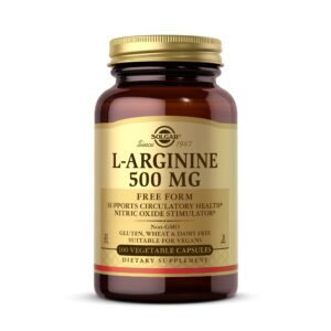 solgar l-arginine 500 mg - 100 vegetable capsules - nitric oxide stimulator - non-gmo, vegan, gluten free, dairy free, kosher - 100 servings